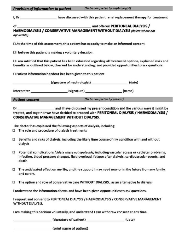 Dialysis Consent Form - Signature Kidney Care | PDF