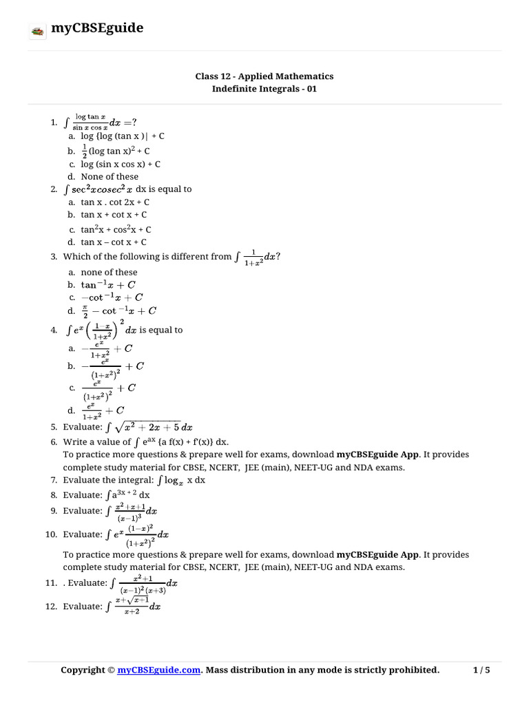 Class 12 Indefinite Integrals Guide | PDF