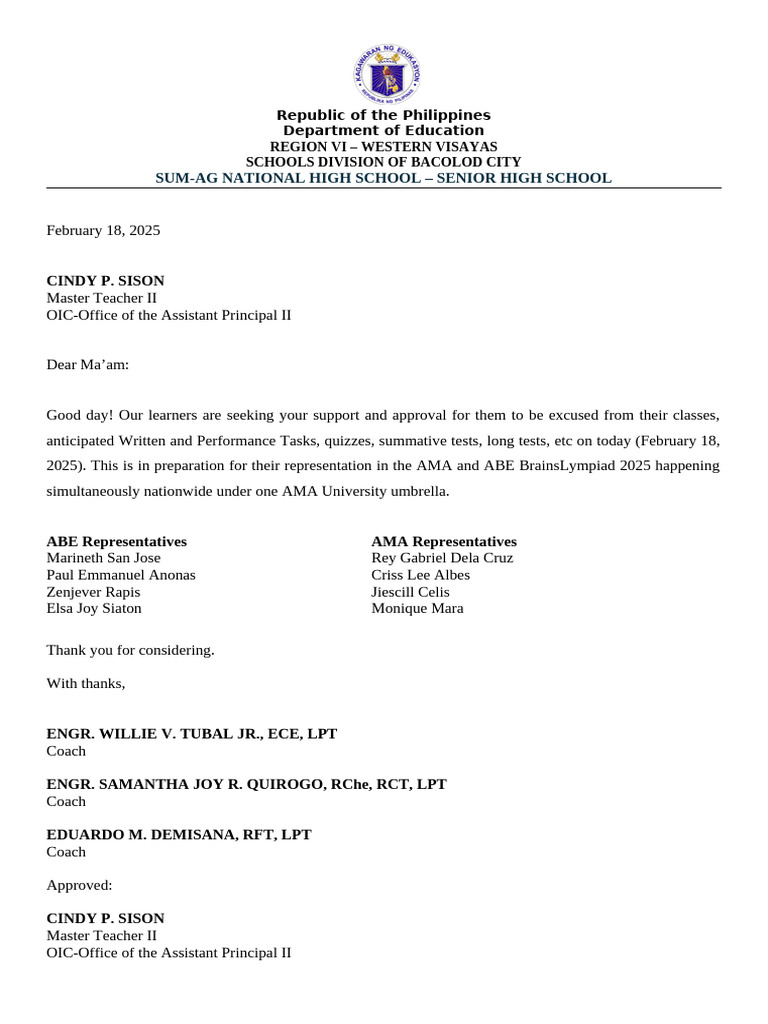 AMA ABE BrainsLympiad Excuse Letter | PDF