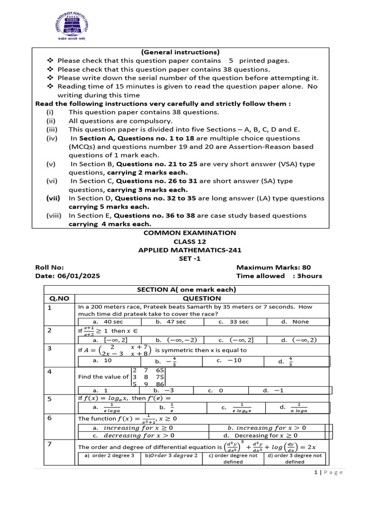 Class 12 - Applied Mathematics (241) - Ce - QP - Set 1 | PDF | Applied Mathematics | Mathematics