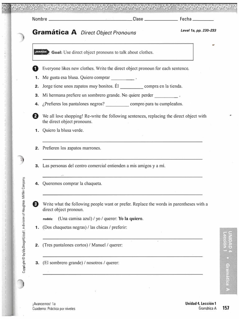 Direct Object Pronouns Practice 1 | PDF | Ropa