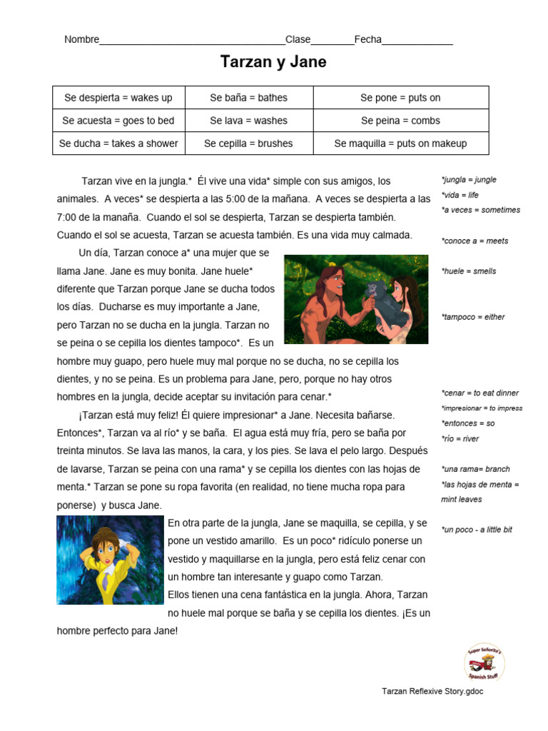 Jane and Tarzan Reading Comprehension - Reflexive Verbs | PDF