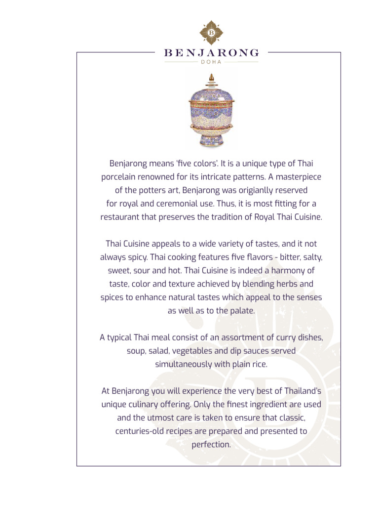 Benjarong: Royal Thai Cuisine Menu | PDF | Thai Cuisine | Curry