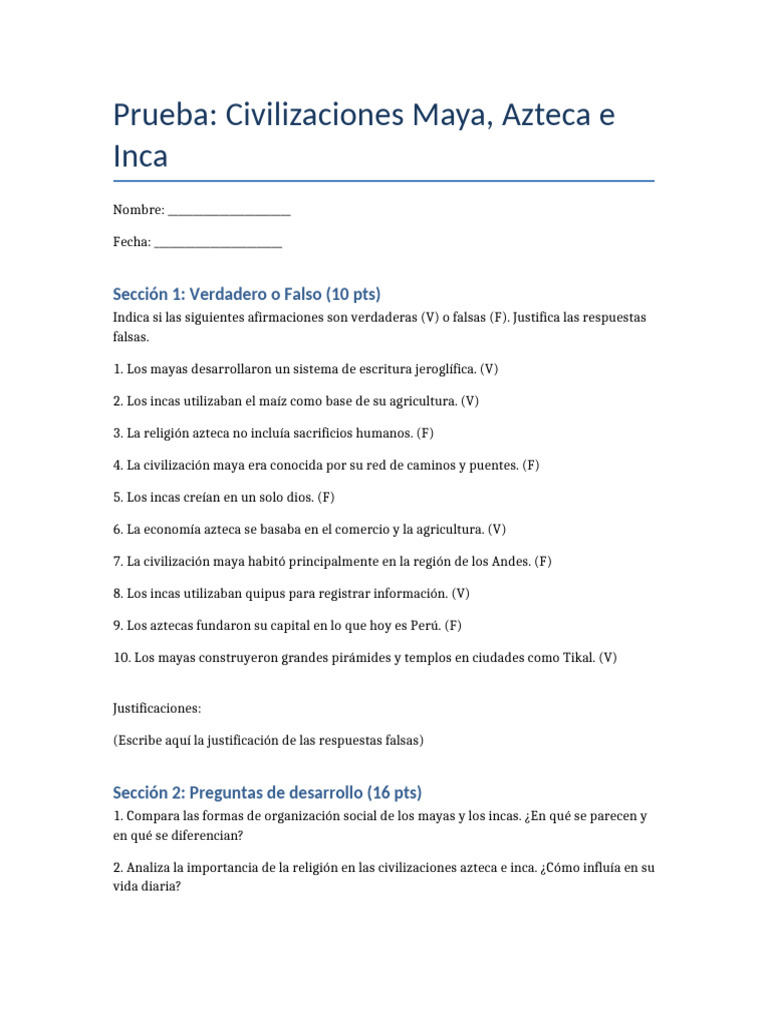Prueba Civilizaciones Mayas Aztecas Incas Respuestas | PDF ...