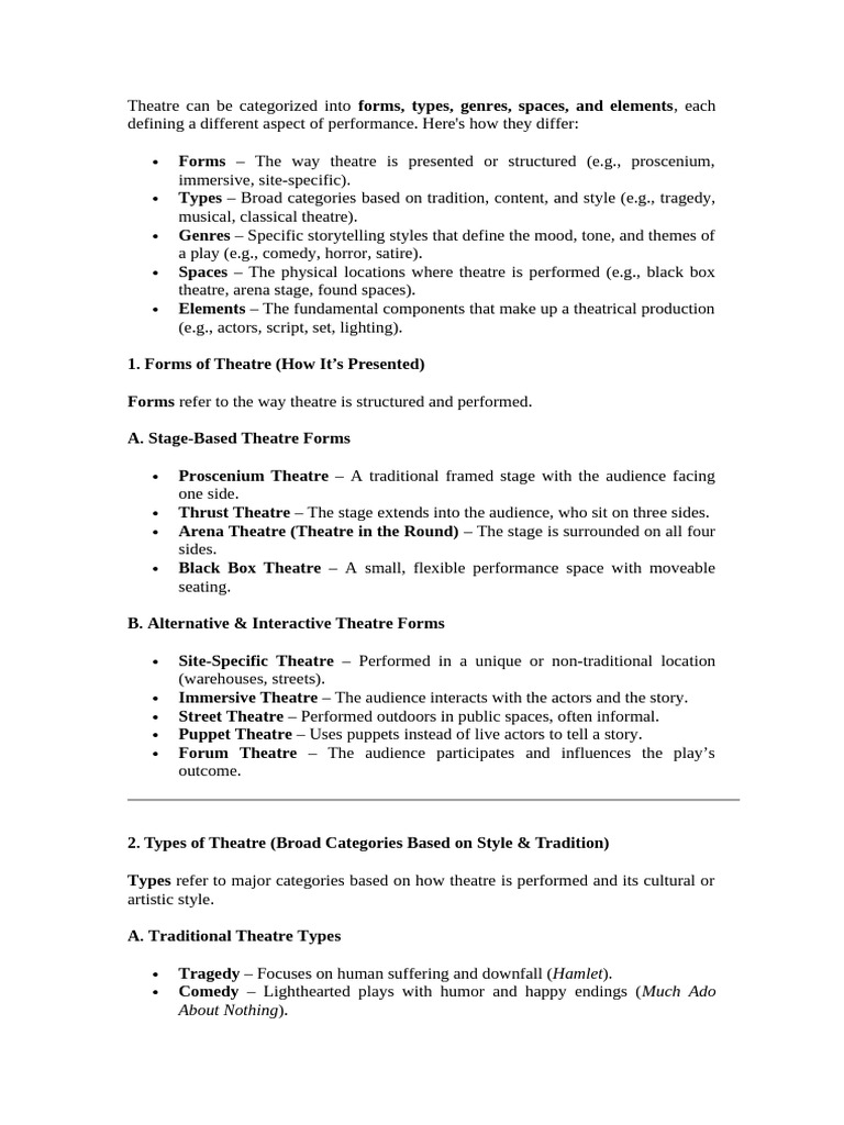 Types and Forms of Theatre Explained | PDF | Theatre | Play (Theatre)