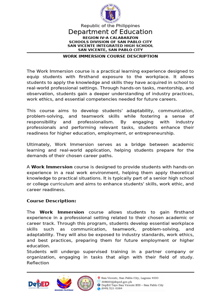 Work Immersion Course Description | PDF | Learning | Behavior Modification