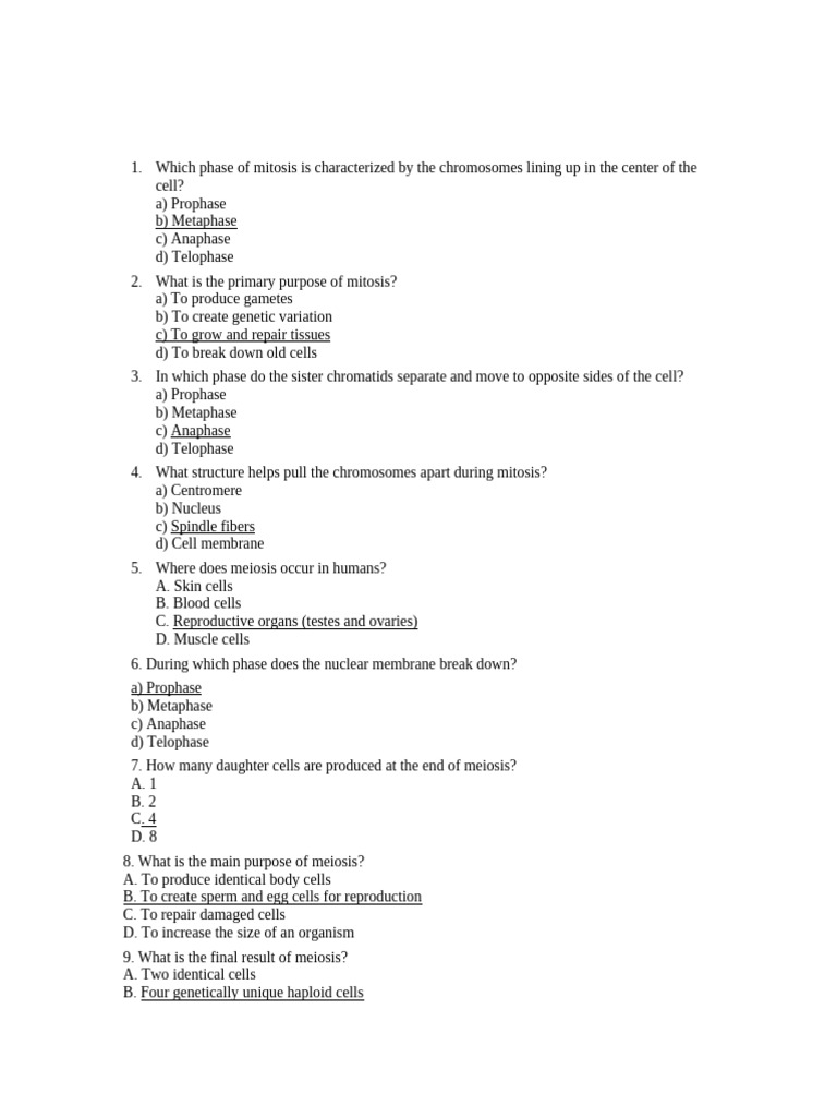 Mitosis and Meiosis Quiz Questions | PDF | Meiosis | Genetics