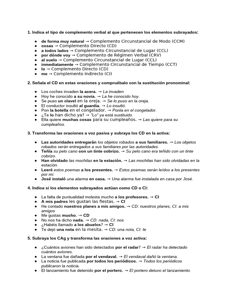 Repaso Complementos Verbales | PDF | Predicado (Gramática) | Asunto ...