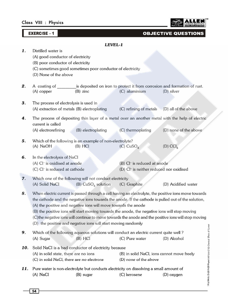 Chemical Effects of Current - Exercise Questions | PDF