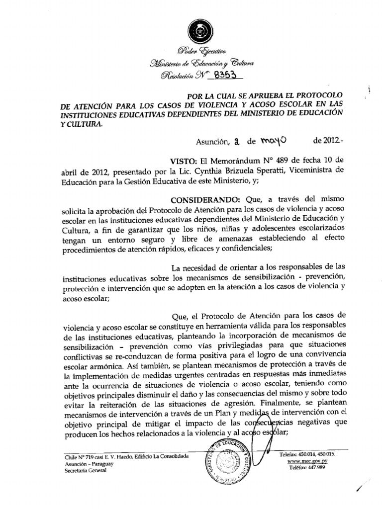 2 Resolucion 8353 MEC Protocolo de Accion para Caso de Violencia y Acoso Escolar | PDF ...