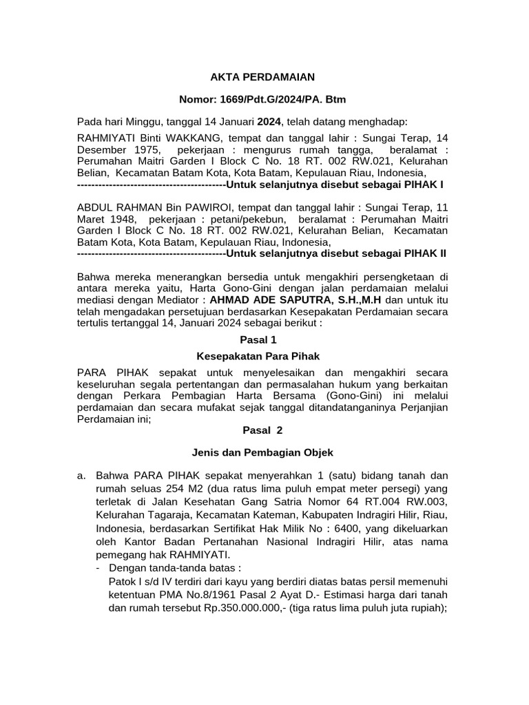 Akta Perdamaian Harta Gono-Gini 2024 | PDF