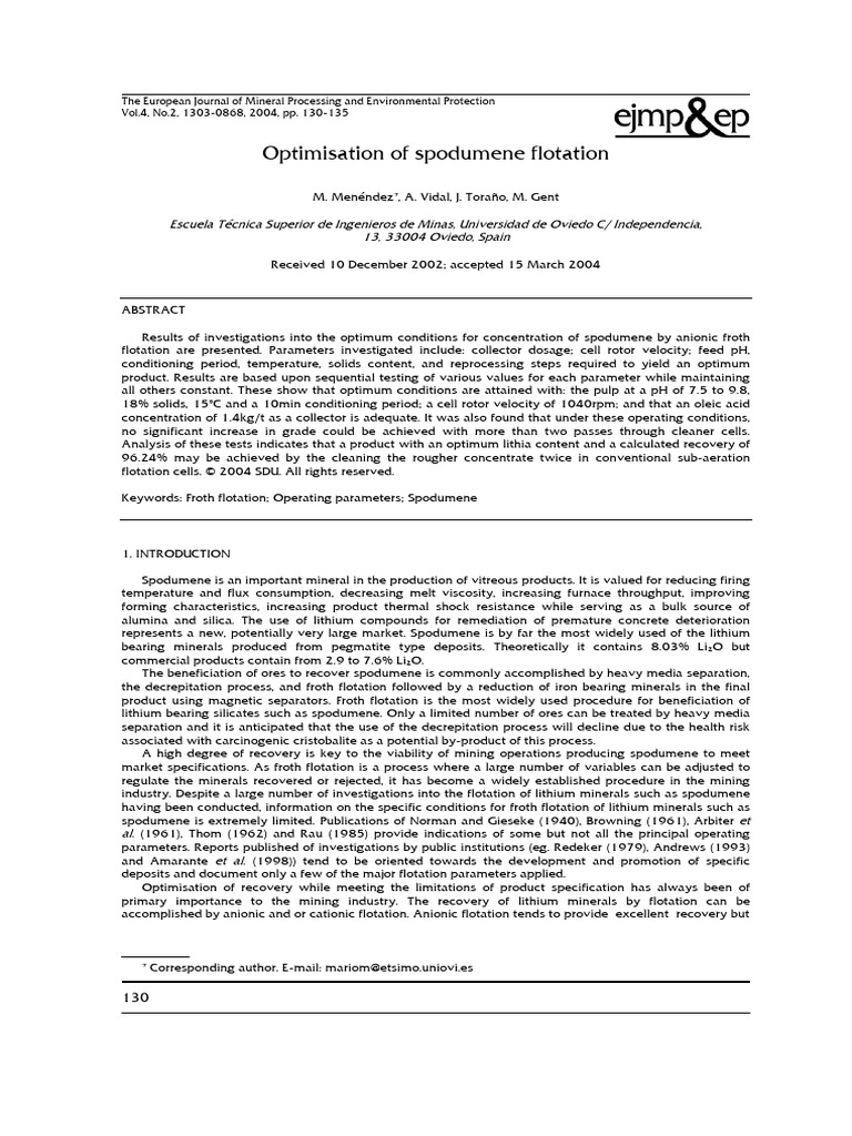 Optimisation of Spodumene Flotation | PDF | Minerals | Lithium
