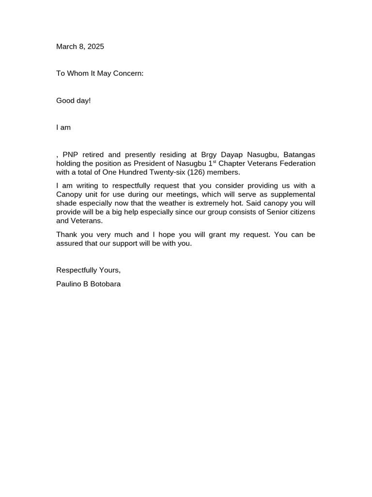Request for Canopy Unit for Veterans | PDF