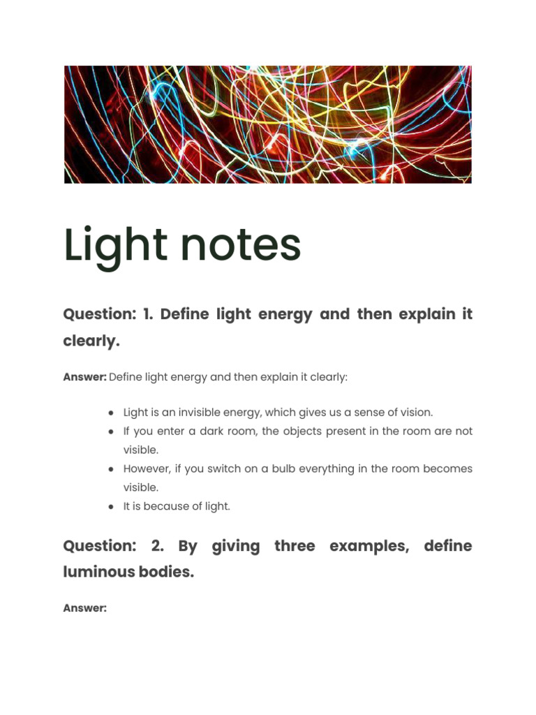 ICSE G6 - Phy Light Notes | PDF | Light | Flashlight