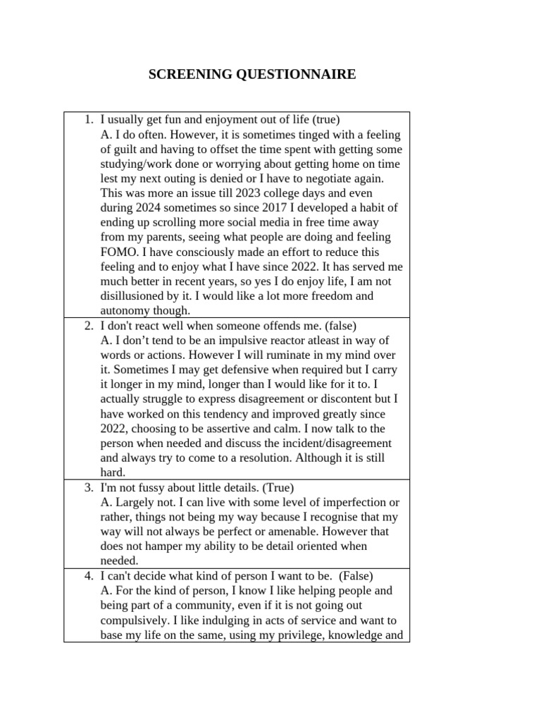 Screening Questionnaire | PDF | Anger | Thought