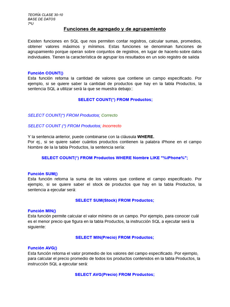 Funciones SQL de Agregación y Agrupamiento | PDF | SQL | Informática