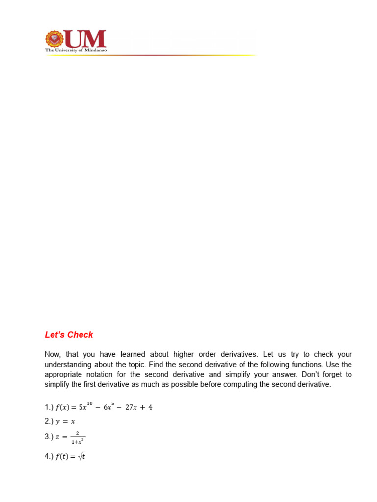 Higher Order Derivatives Practice | PDF | Derivative | Equations