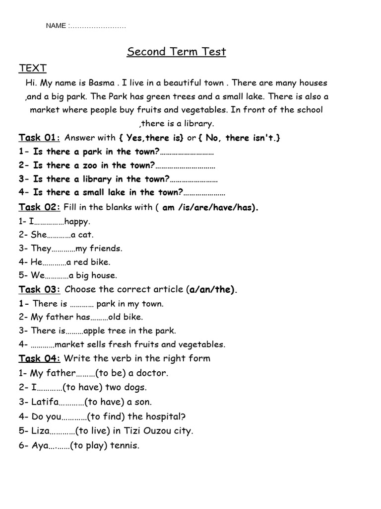 Second Term Test 5rd Class | PDF