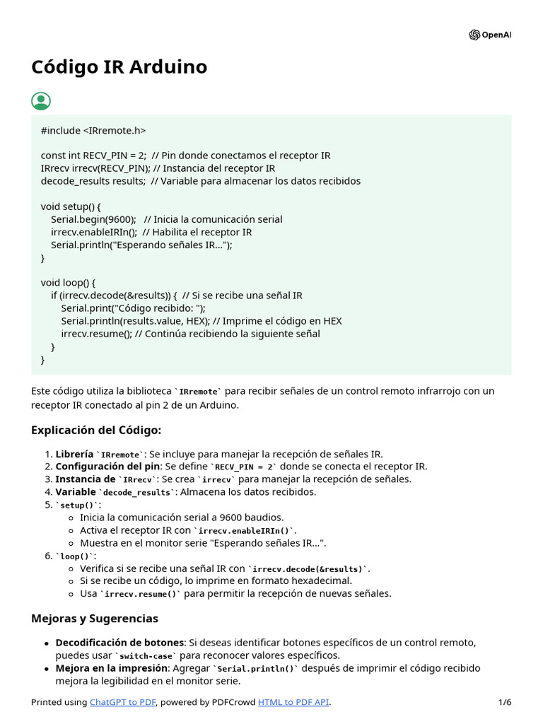 Código IR Arduino | PDF | C ++ | Telecomunicaciones