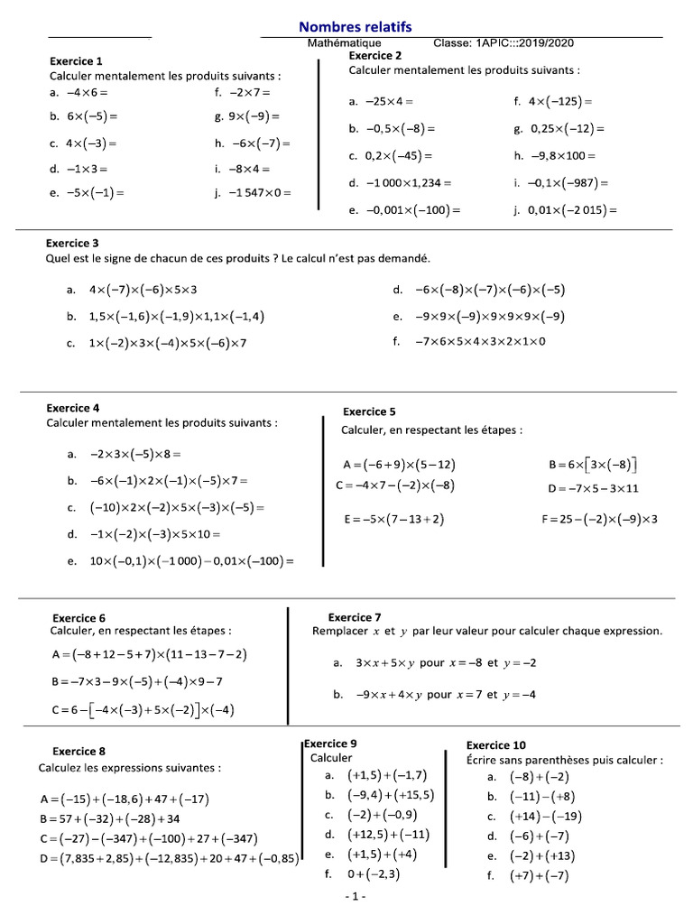 Nombres Relatifs Multiplication Et Division Exercices Non Corriges 1 Ma ...