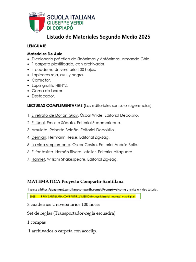Listado de Materiales Segundo Medio 2025 | PDF