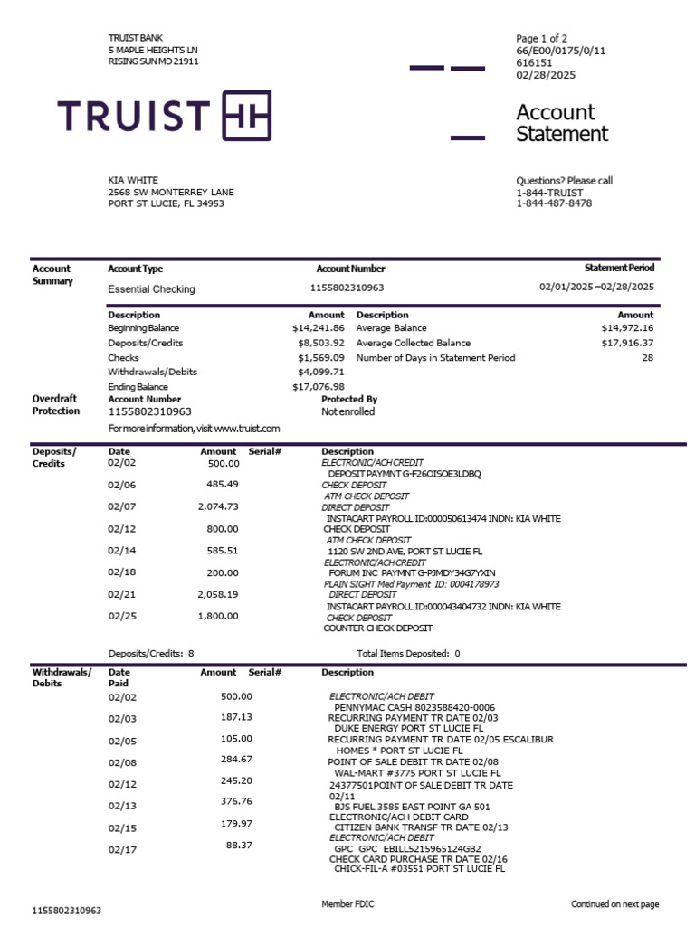 Truist Statement February 2024 | PDF | Debit Card | Payments