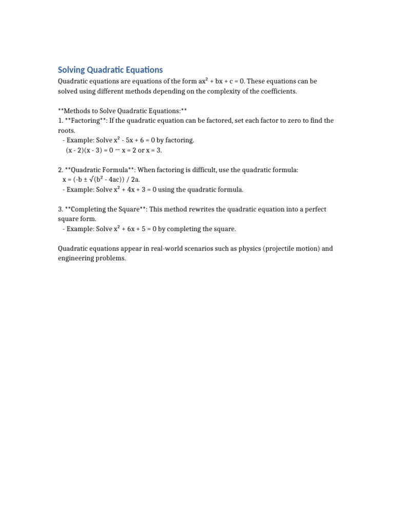 Methods for Solving Quadratic Equations | PDF