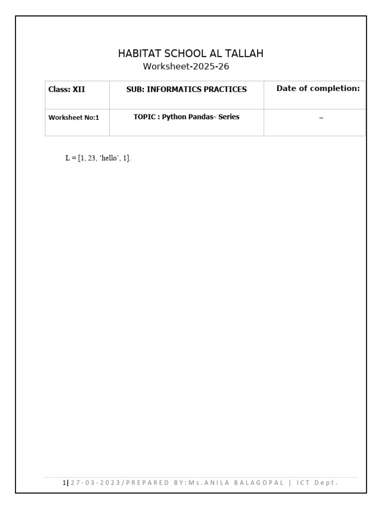 Series Worksheet Ip Class 12 | PDF | Computer Science | Computer Data
