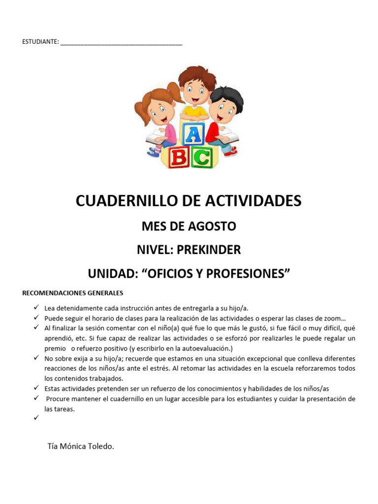 Actividades de Prekinder: Oficios y Profesiones | PDF