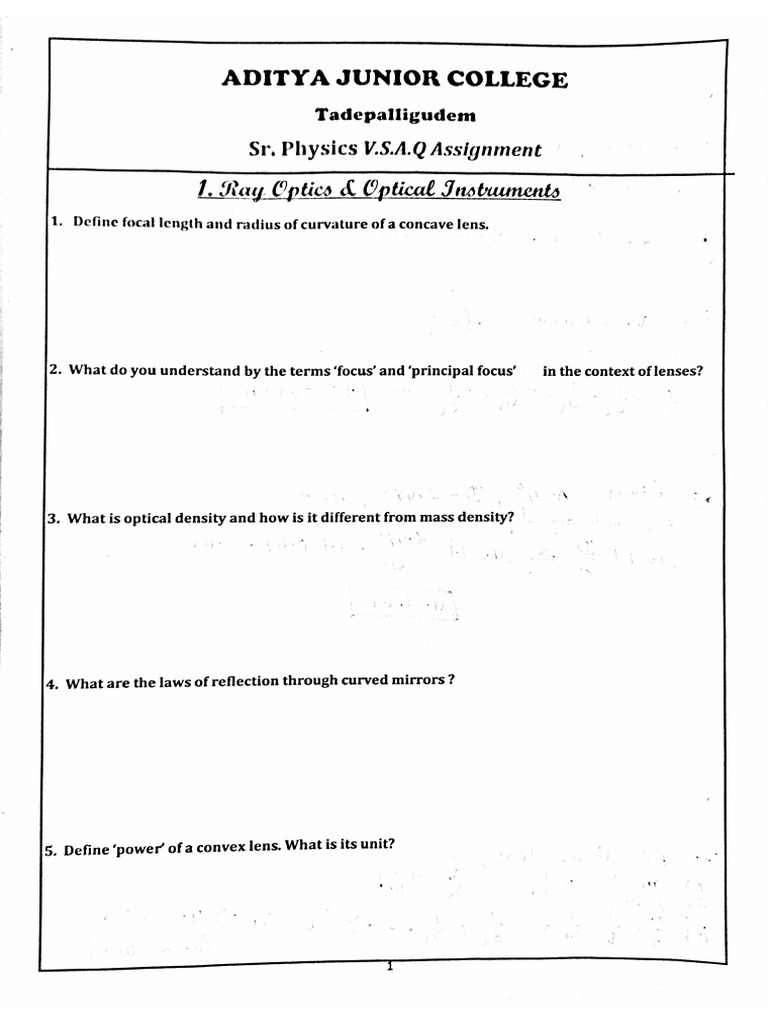 SR PHYSICS VSAQ ASSIGNMENT - 2025 Adhitya | PDF