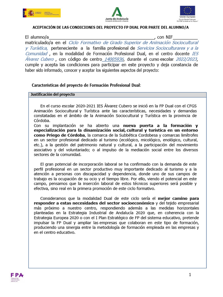 Compromiso de Las Condiciones Del Proyecto Dual | PDF | Turismo | Educación vocacional