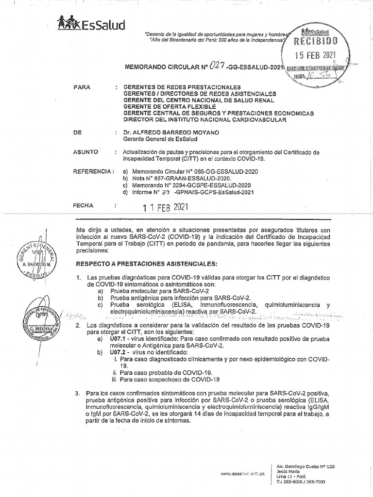 MEMORANDO CIRCULAR N° 027-GG-ESSALUD-2021 ACTUALIZACION CITT COVID 19_removed | PDF