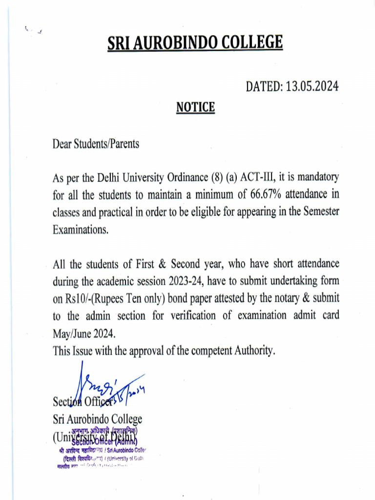 Notice-Short Attendance Undertaking Form | PDF
