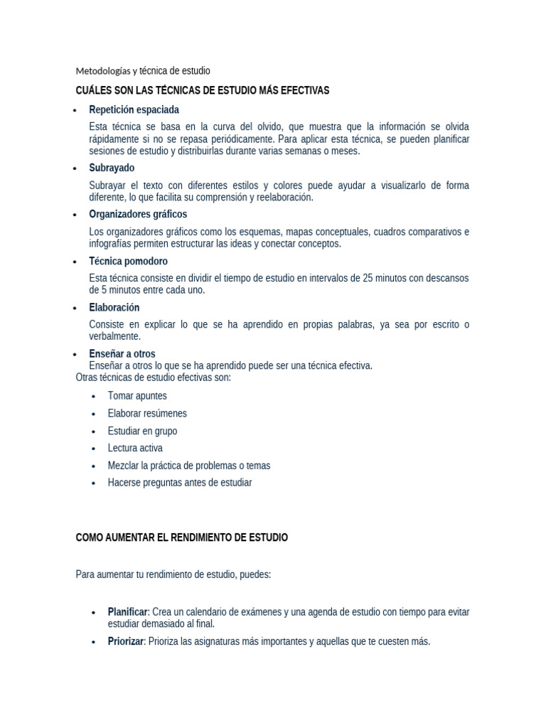Metodologías y técnica de estudio | PDF | Habilidades de estudio | Aprendizaje