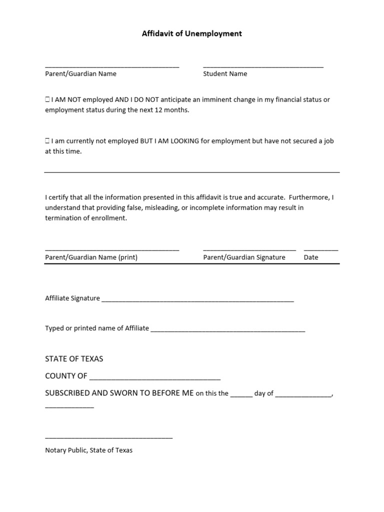 Affidavit of Unemployment | PDF