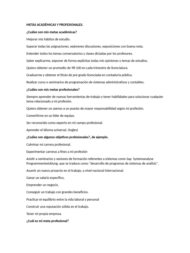 Metas Académicas y Profesionales Definidas | PDF | Contador