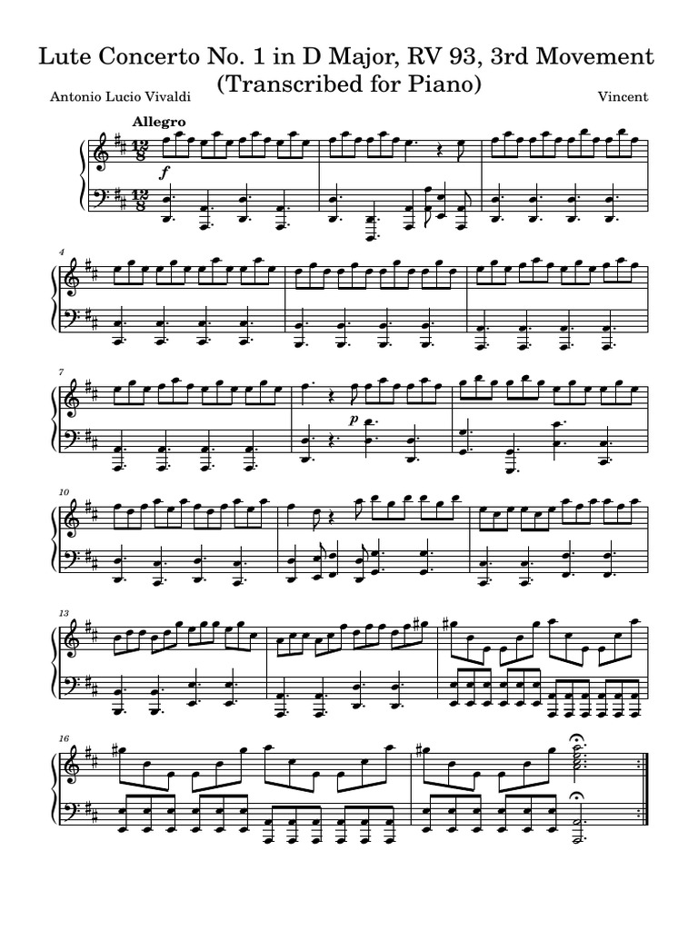 Vivaldi - Lute Concerto No. 1 in D Major RV 93 3rd Movement Transcribed For Piano | PDF ...