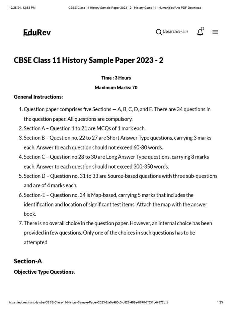 CBSE Class 11 History Sample Paper 2023 - 2 - History Class 11 ...