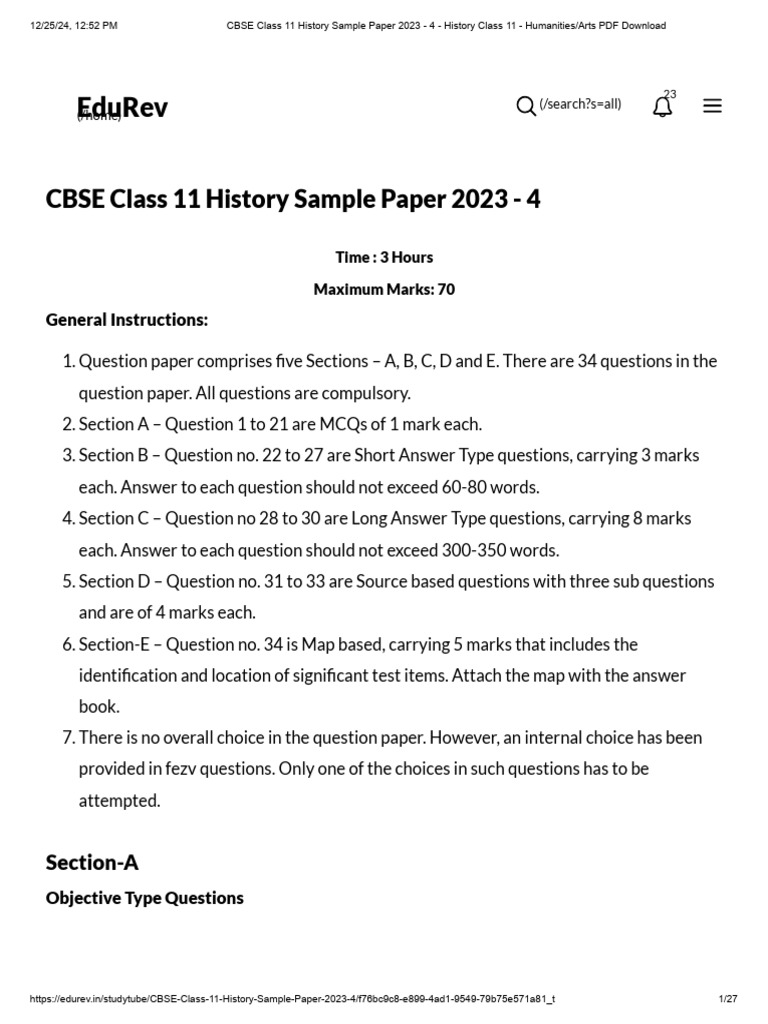 CBSE Class 11 History Sample Paper 2023 - 4 - History Class 11 ...