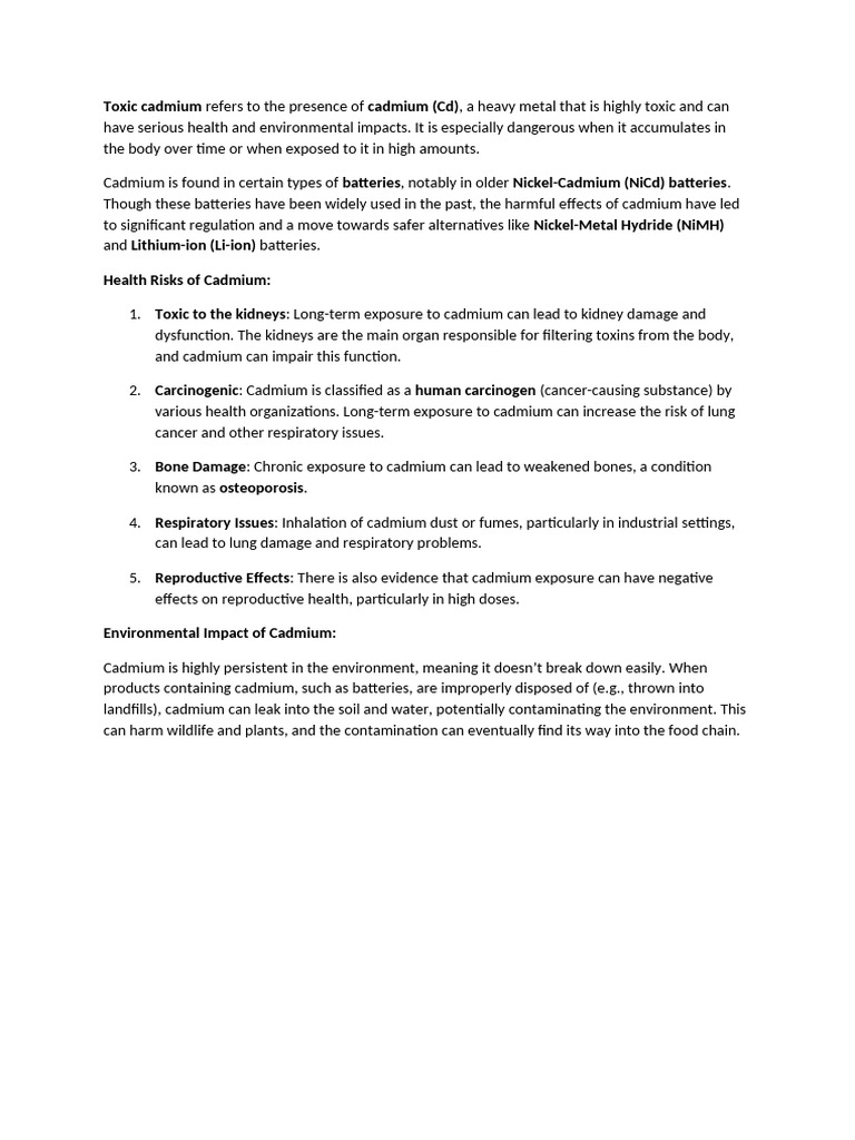 Toxic Cadmium Refers To The Presence of Cadmium | PDF