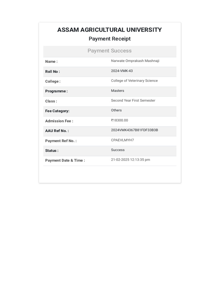 AAU-Admission 3rd Sem Payment Receipt | PDF