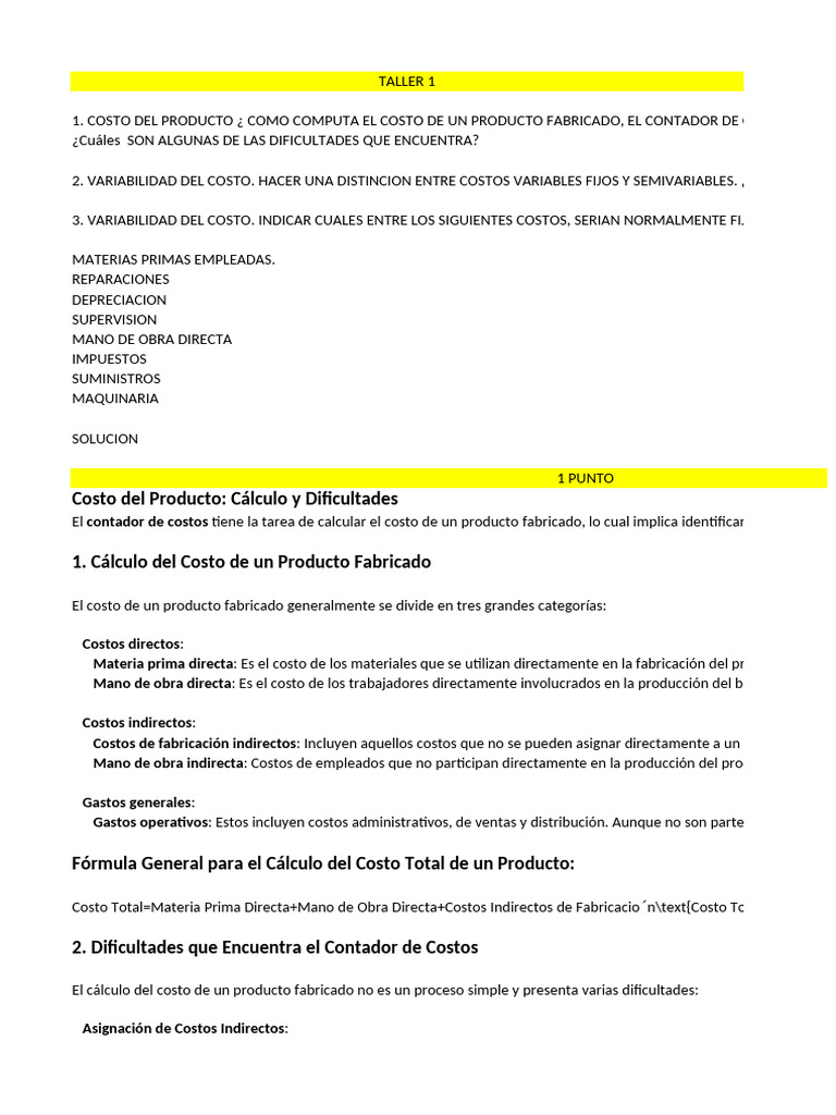Trabajo Oscar David Diaz y Simon Taller Costos | PDF | Costo | Inflación