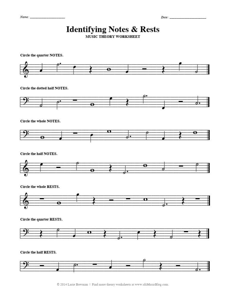 Theory Worksheet Identifying Notes Rests | PDF