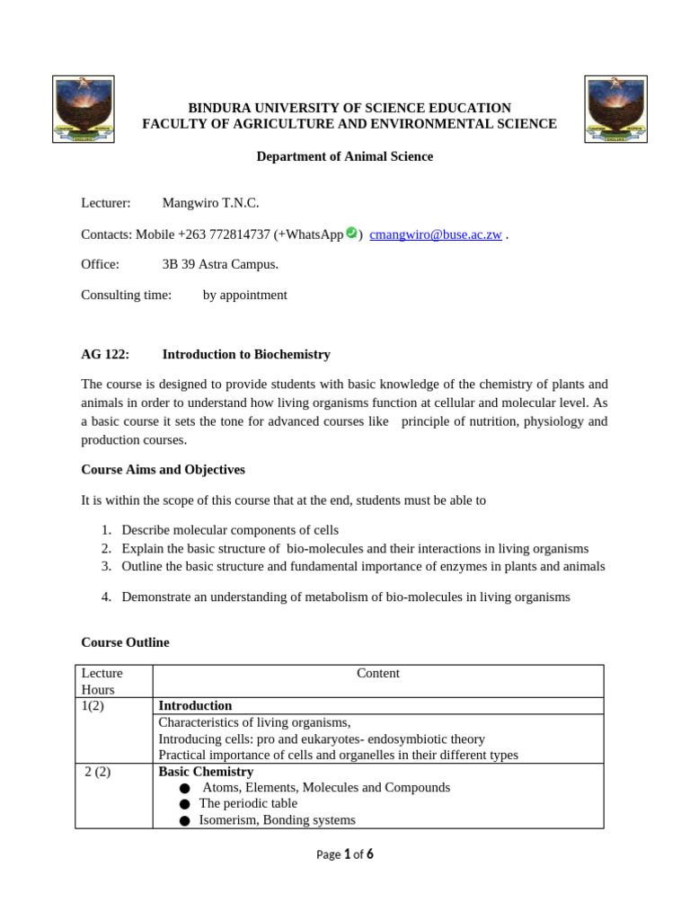 AG122 biochemistry course outline | PDF | Metabolism | Biosynthesis