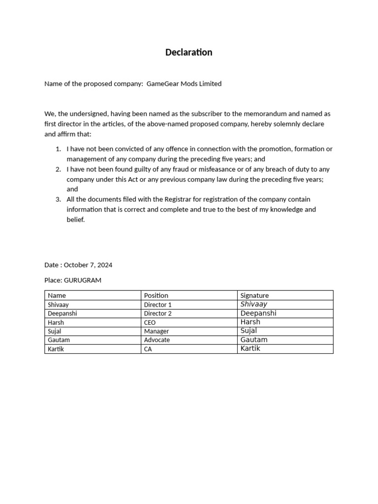 Declaration BY Subscriber and Directors | PDF