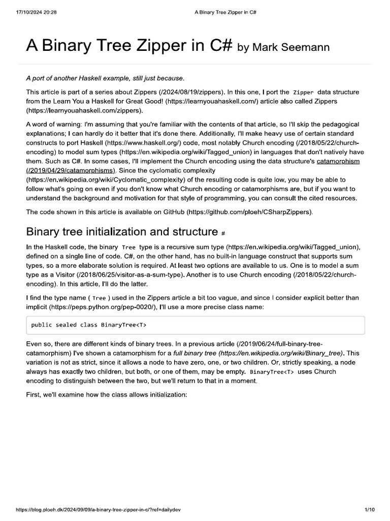 A Binary Tree Zipper in C# | PDF