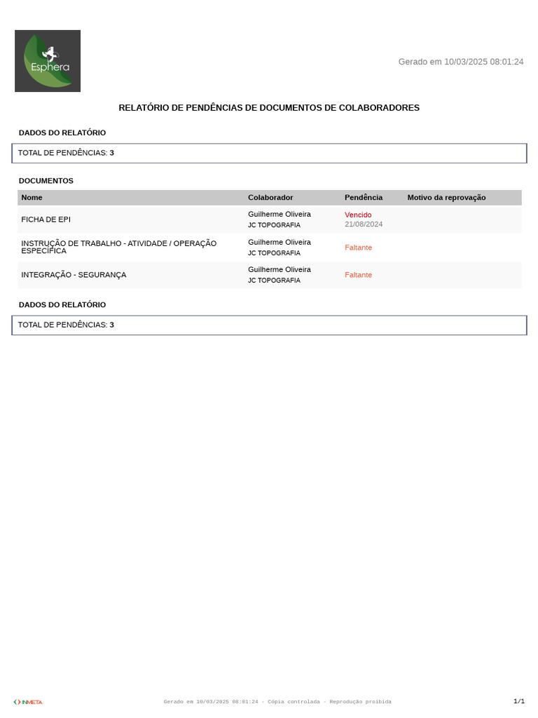 Modelo de Relatório de Pendências de Colaboradores | PDF