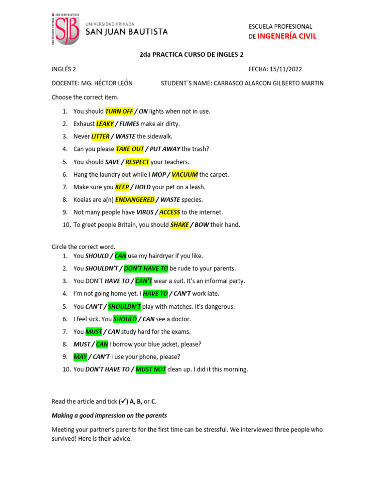 2da PRACTICA CURSO DE INGLES 2 | PDF