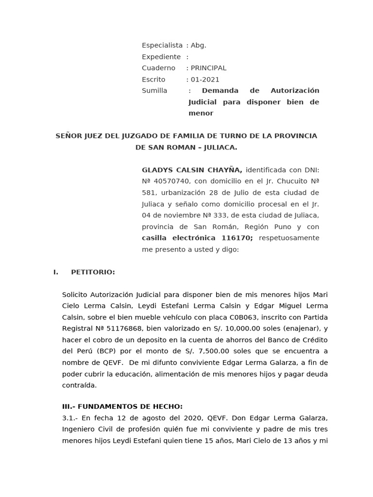Autorización Judicial para Disponer Bien de Menor | PDF