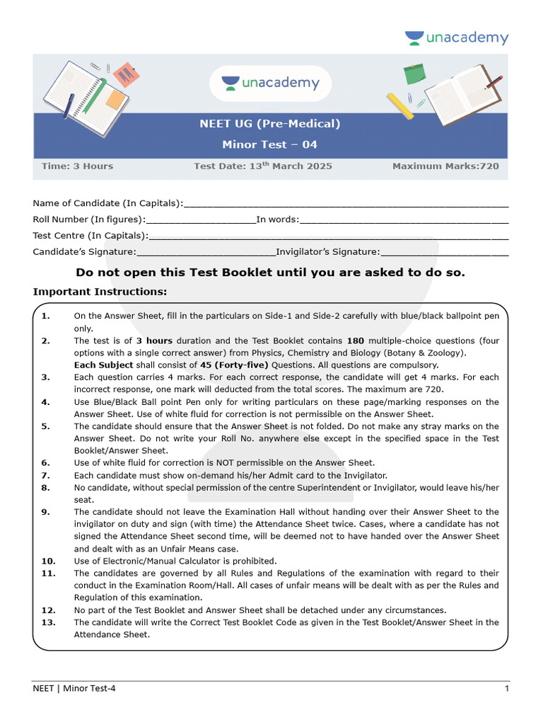 NEET Minor Test-4 Revision Guide | PDF | Collision | Momentum